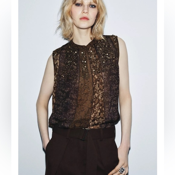 Zara | Tops | Zara Zw Collection Patchwork Beaded Sheer Top Blouse ...